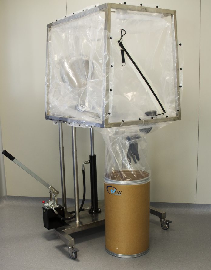 Drum-liquid-dispensing-flexible-isolator skid by CSV Containment